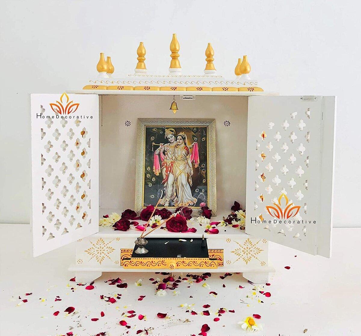 White Wooden Shrines,Temple, Hand Painted Handcrafted Pooja Mandir with ...